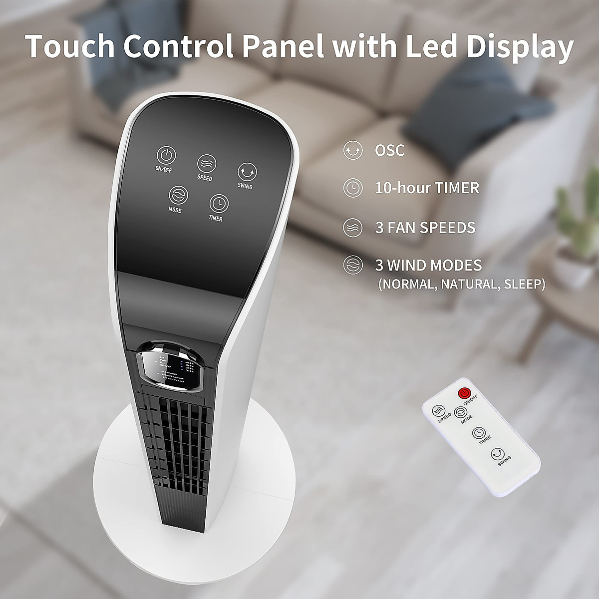 CUUD Oscillating Tower Fan Powerful Cooling Fan with Remote Control Electric Portable Standing Bladeless Floor Fan with 3 Wind Speeds,Timer, LED Display for Bedroom Kitchen Office (34inch, White)