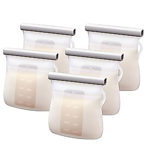Lictin 5PCS Silicone Breastmilk Storage Bags, 8.5oz/250ml Reusable Breast Milk Storage Container, BPA-Free Self-Standing Milk Storing Bags for Breastfeeding, Leak-Proof Baby Food Storage Containers