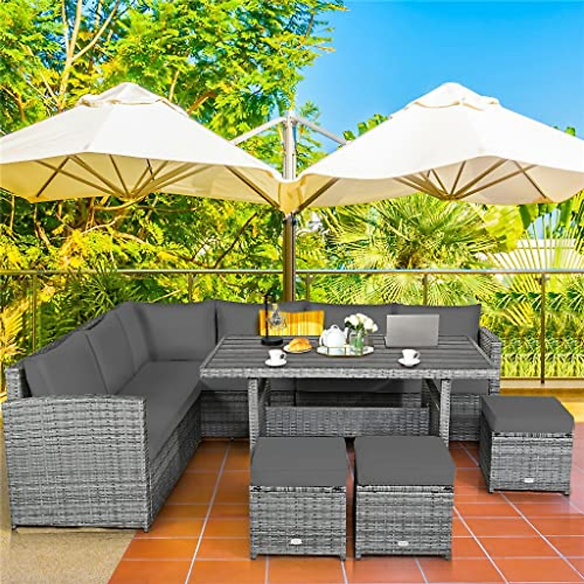 NICEDAYFY 7 PCS Patio Rattan Dining Set Sectional Sofa Couch Ottoman Garden Gray for Yard, Patio, Poolside, Porch, Etc
