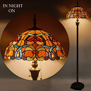 WERFACTORY Tiffany Floor Lamp Orange Liaison Stained Glass Standing Reading Light 16X16X64 Inches Antique Pole Corner Lamp Decor Bedroom Living Room Home Office S617 Series