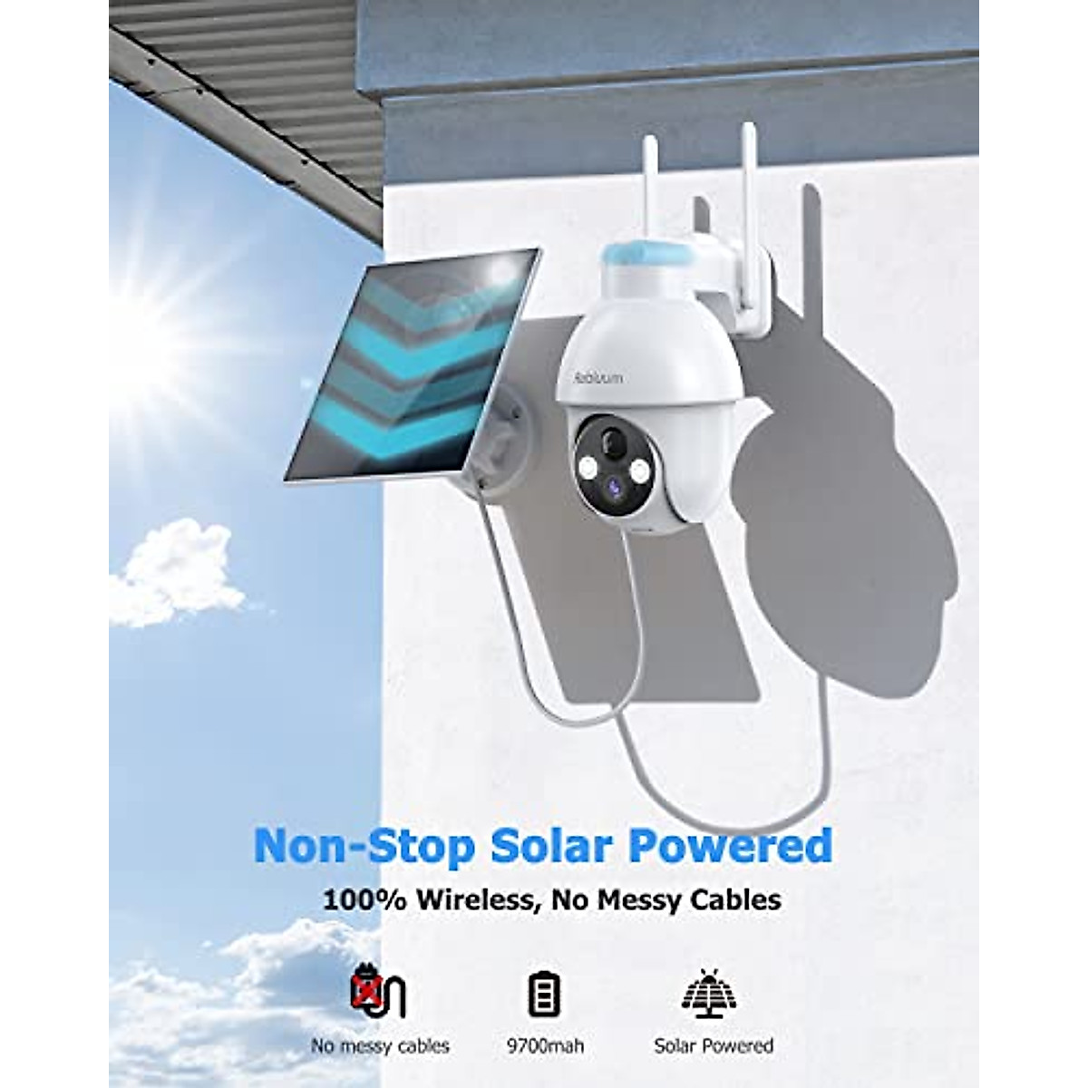 Rebluum Security Camera Wireless Outdoor, 2K Solar Security Camera,Battery Powered 360°PTZ Security Camera,Color Night Vision,PIR Motion Detection,2-Way Audio,Compatible with Alexa