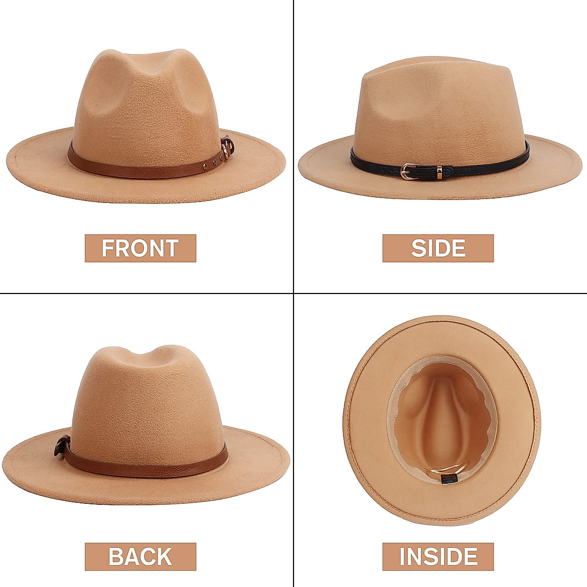 Geyanuo Womens Fedora Hat Classic Wide Brim Floppy Panama Hat with Ring Belt Buckle Wool Fashion Fedora Hat