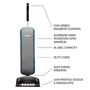 Oreck HEPA Swivel Bagged Upright Vacuum Cleaner, Lightweight, For Carpet and Hard Floor, UK30305PC, Blue