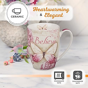 Christian Art Gifts Botanic Pink Butterfly Ceramic Coffee Mug – Inspirational Coffee Cup for Women & Men 12 oz. Lead-free Microwave and Dishwasher Safe Coffee Mug with Bible Verse: Believe - Mark 9:23