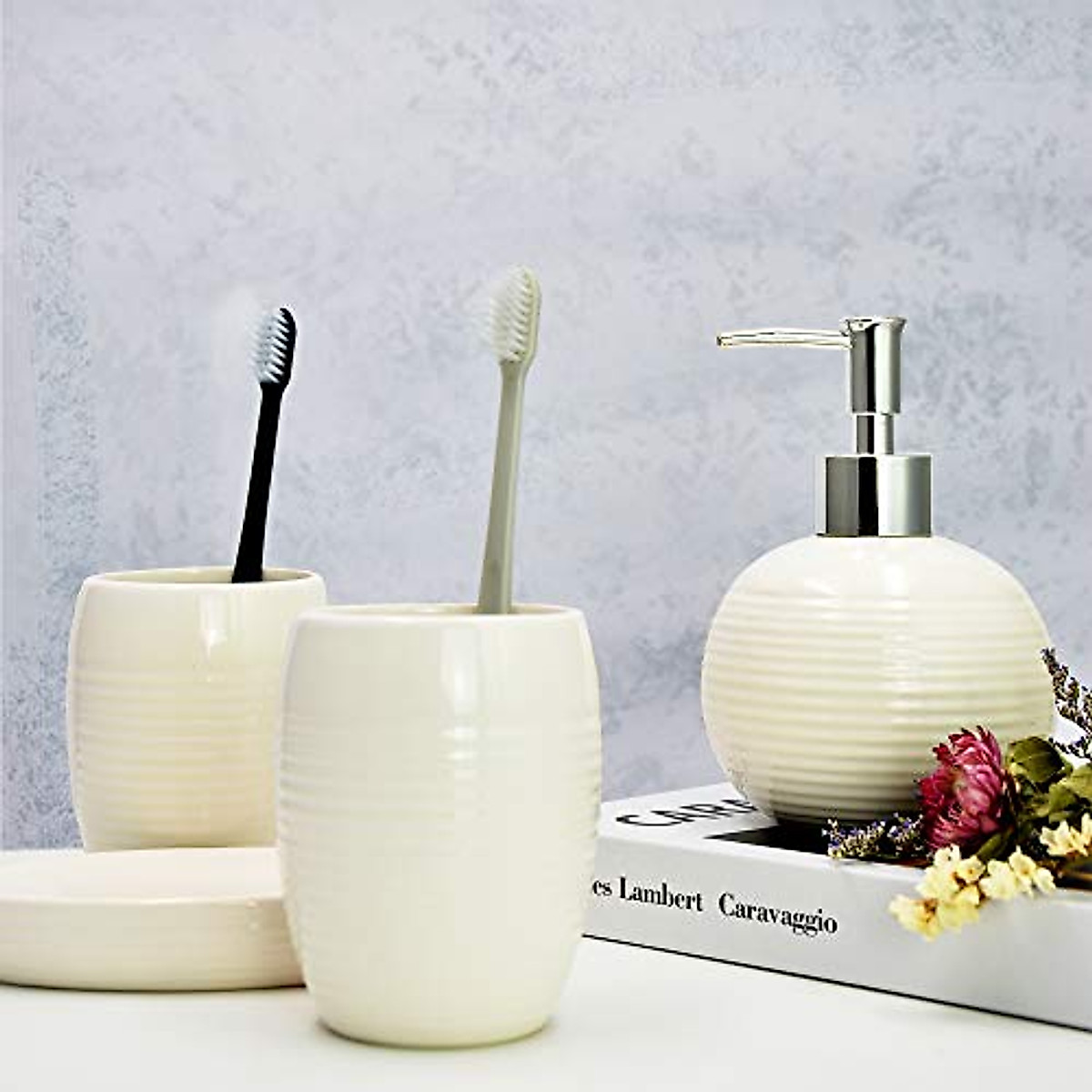 N/A/A Bathroom Accessories Set 5-Piece Ceramic Bathroom Accessories Bath Accessories Set with Soap Dispenser, Toothbrush Holder, Two Tumblers, Soap Dish, Apartment Necessities (White)