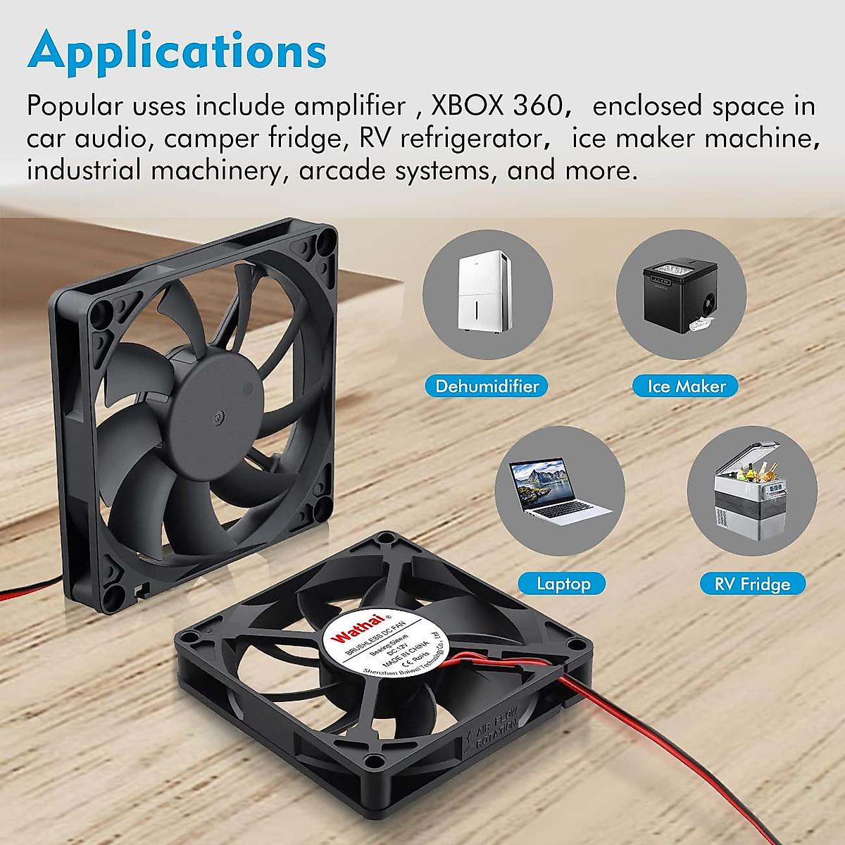 Wathai DC Brushless 12V Cooling Case Fan 80mm x 15mm 3'' 2Pin for Exhaust Replacement Part 2Pack