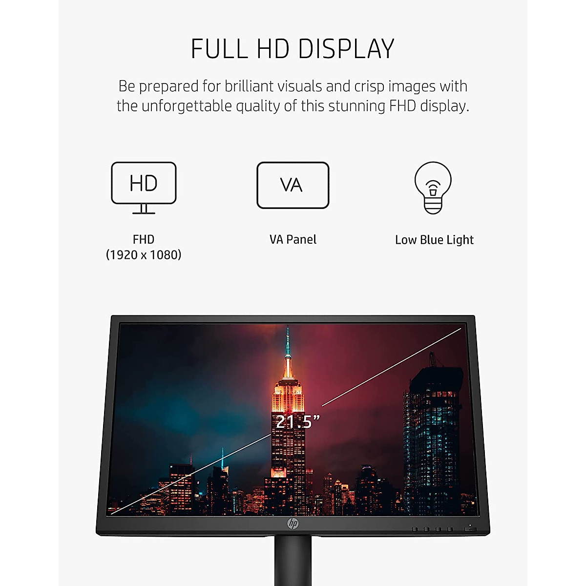 HP Newest 21.5" FHD Monitor, 1920x1080 VA Display, 75Hz Refresh Rate, 7ms Response Time, 3000:1 Contrast Ratio, TUV Certified Low Blue Light Mode, Ergonomic Tilt, HDMI & VGA Ports, VESA Mounting