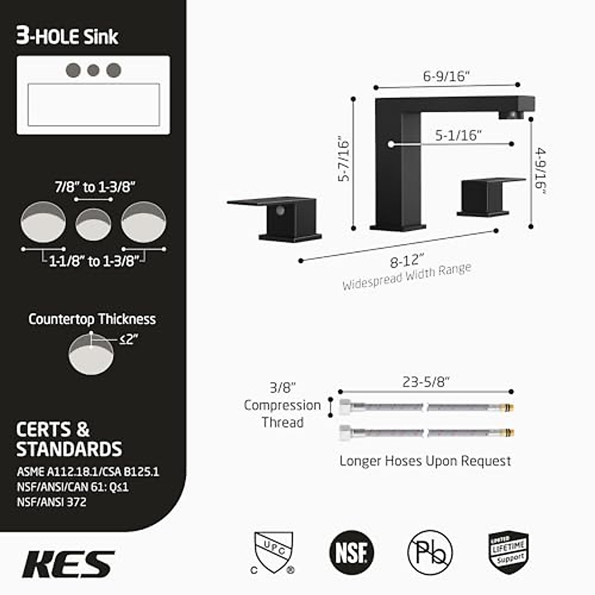 KES Black Bathroom Faucet 8 Inch Widespread Bathroom Faucet 3 Hole Vanity Faucet with Supply Hoses SUS 304 Stainless Steel Matte Black, L4350LF-BK [Fits All States, California Included]