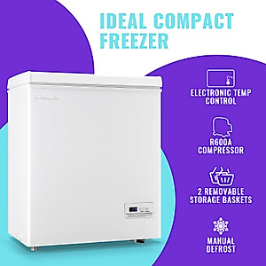 DEMULLER Chest Freezer, Small Deep 4.0 Cubic Feet White Freezing Machine, Compact Top Open Door with Electronic Panel, Temp Range -12 ℉ to 50 ℉, Two Storage Wire Baskets, Manual Defrost