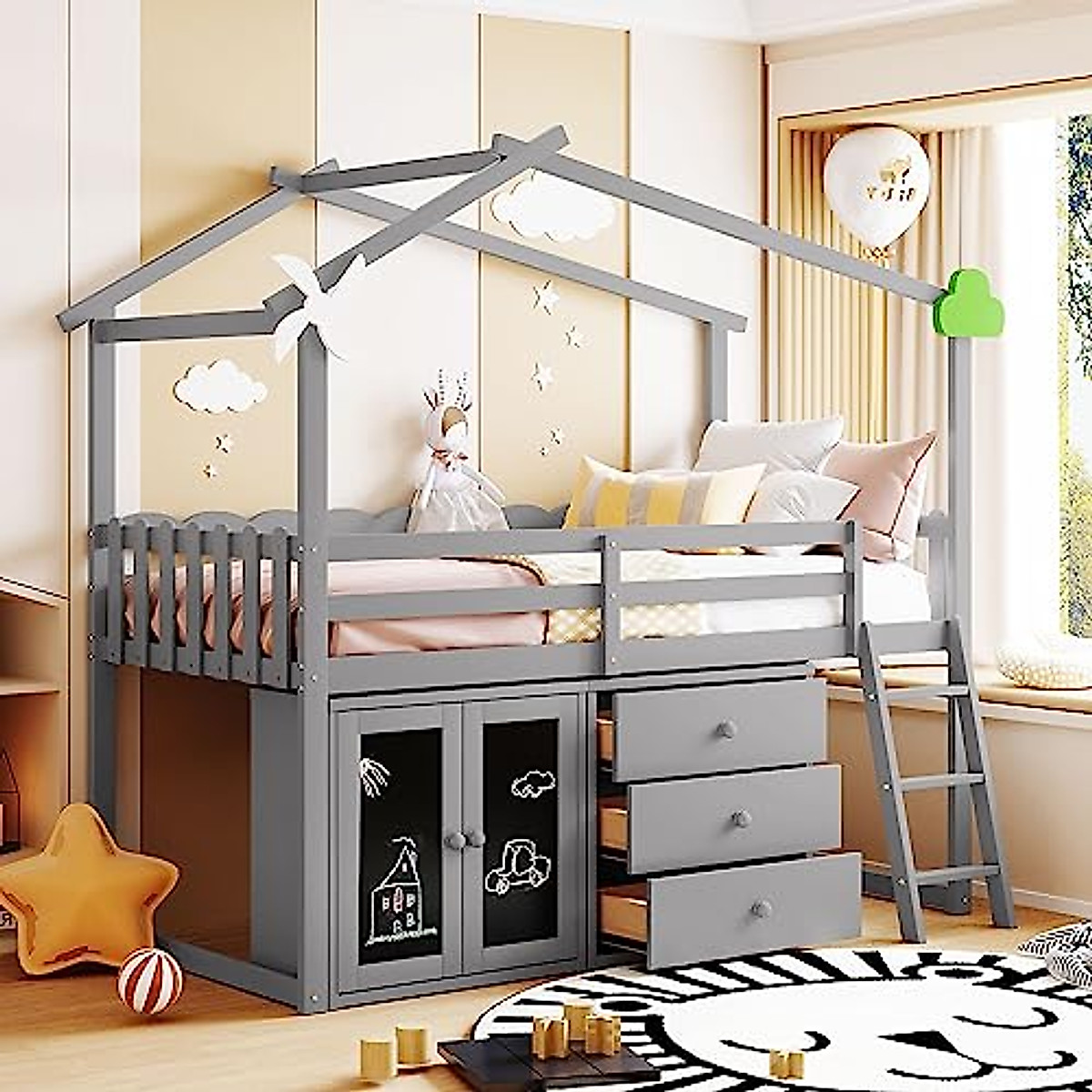 RORIGAT Twin Size House Bed Low Loft Beds for Kids, Wood Playhouse Lofts Bed with Storage Drawers and Cabinet, Fun Montessori Loft Bed with Blackboard, Fence Guardrails for Girls Boys Teens, Gray