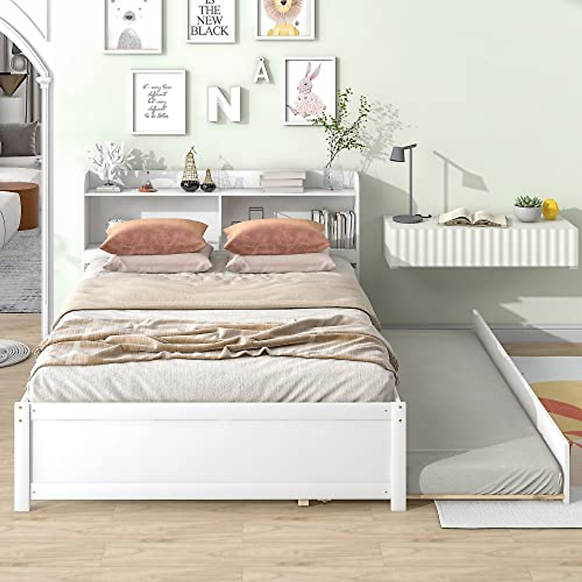 HomSof Full Bed with Trundle and Bookcase,White
