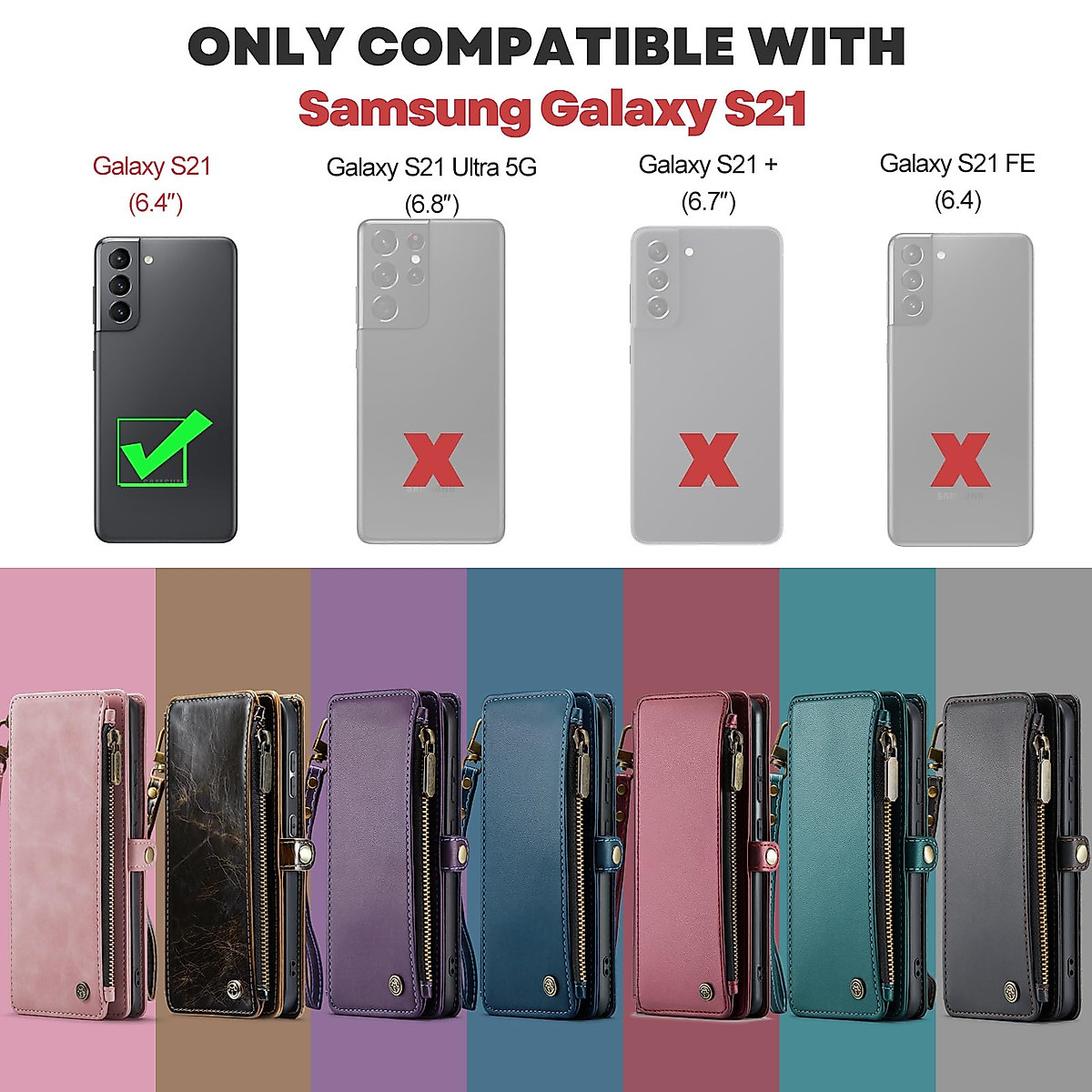 Defencase for Samsung Galaxy S21 Case, RFID Blocking for Galaxy S21 Case Wallet for Women Men with Card Holder, PU Leather Wrist Strap Zipper Pocket Magnetic Flip Phone Case for Samsung S21 5G, Purple