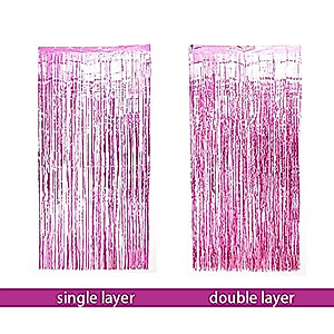 Pink Fringe Backdrop Curtain for Party Decorations - 6.5 x 6.5ft, Pack of 2 | LILF Pink Tinsel Backdrop for Pink Streamers Party Decor | Pink Foil Curtain for Birthday Party Photobooth Props