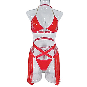 IMEKIS Red Rave Outfits for Women: Music Festivals Clothes Shiny Bra Crop Top with Thong Tassels Fringes Skirt Coverup 2 Piece Set Valentines Day Lingerie Halloween Devil Costume Cosplay Medium