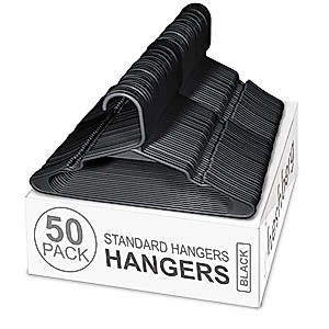 Heshberg Plastic Notched Hangers Space Saving Tubular Clothes Hangers Standard Size Ideal for Everyday Use on Shirts, Coats, Pants, Dress, Skirts, Etc. (50 Pack, Black)