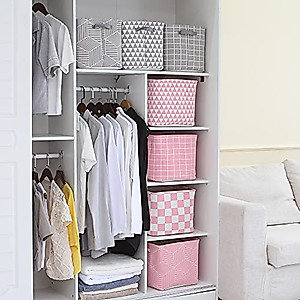 Sea Team Foldable Large Square New Pink and White Geometric Theme 100% Natural Linen & Cotton Fabric Storage Bins Storage Baskets Organizers for Shelves & Desks - Set of 4 (Pink)