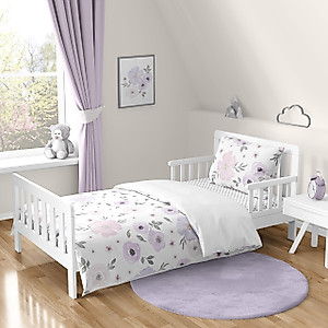 Sweet Jojo Designs Lavender Purple, Pink, Grey and White Shabby Chic Watercolor Floral Girl Toddler Kid Childrens Bedding Set - 5 Pieces Comforter, Sham and Sheets - Rose Flower Polka Dot