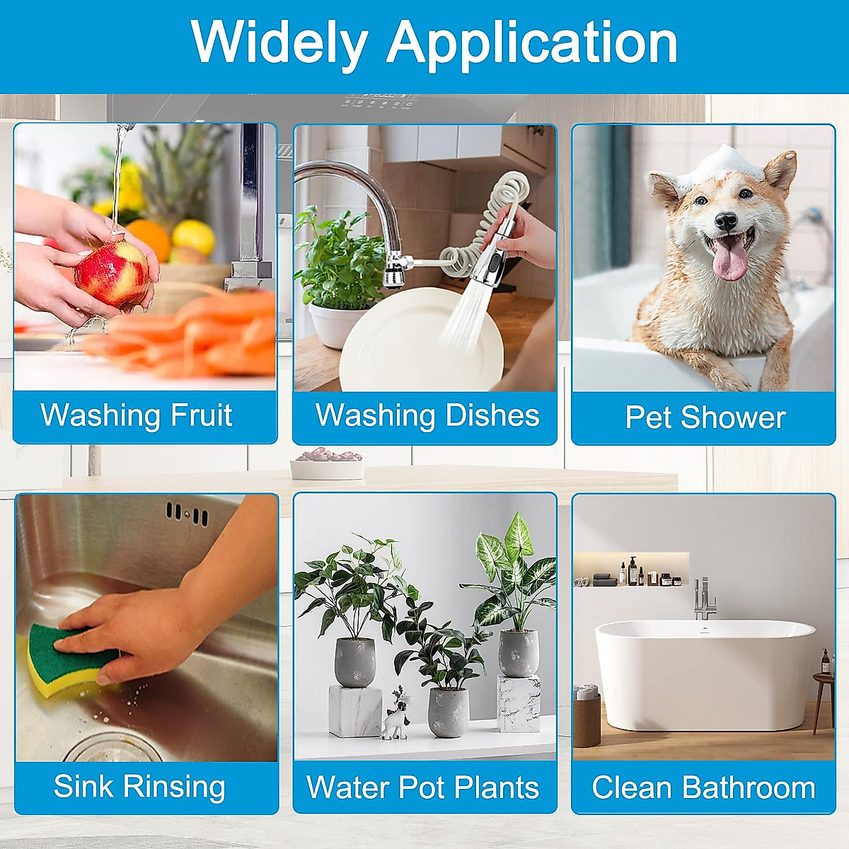 Kitchen Sink Sprayer Attachment for Faucet, ON/OFF Faucet Sprayer Head with Stainless Steel Hose，3 Way Brass Diverter with Aerator, for Kitchen Cleaning, Pet Shower,Hair Washing (5 Adapters）