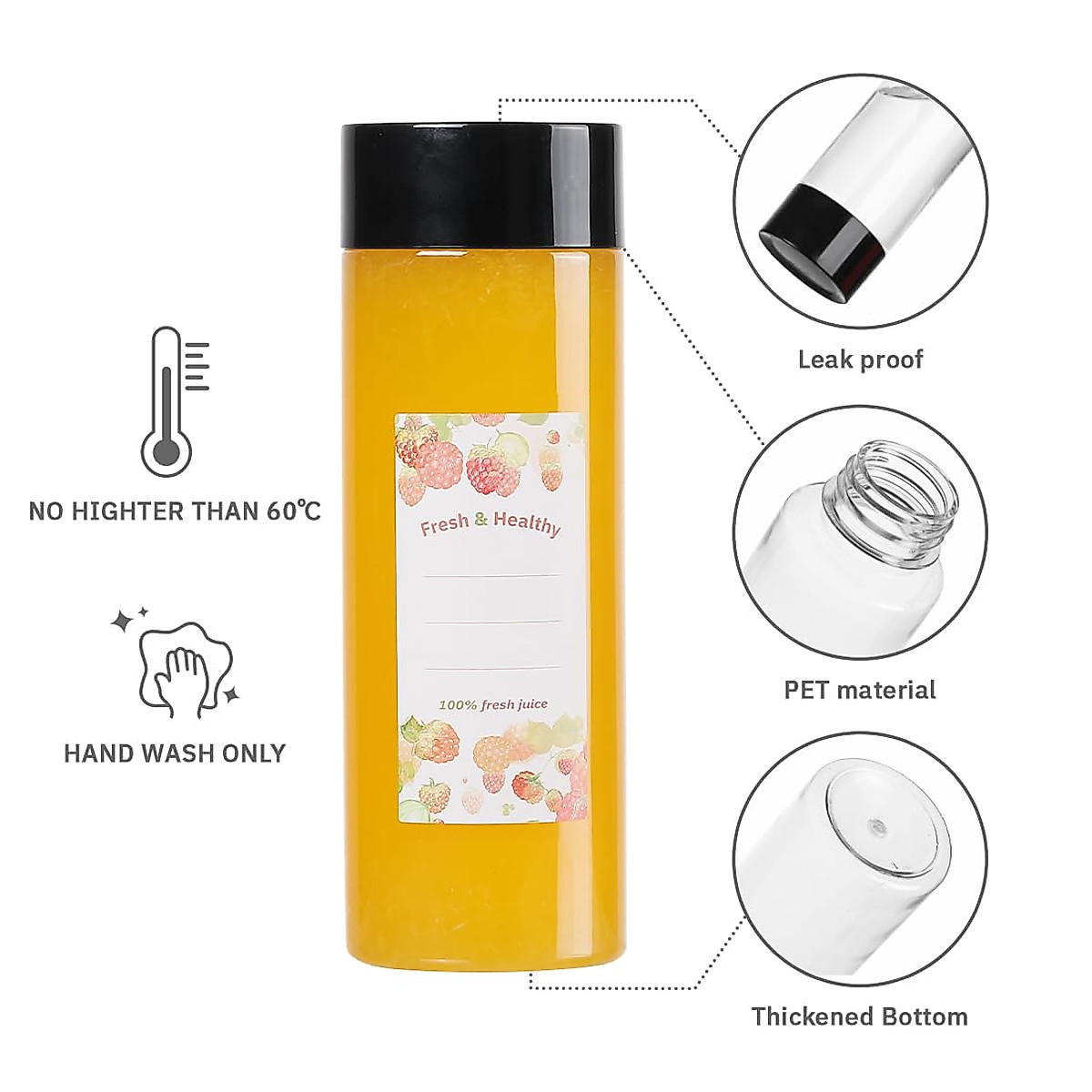 Naivees 30 Pcs 12 Oz Juice Bottles with Black Lids Empty Plastic Round Bottle Reusable Round Containers with Caps Suitable for Water Juice Tea Milk and Other Beverages