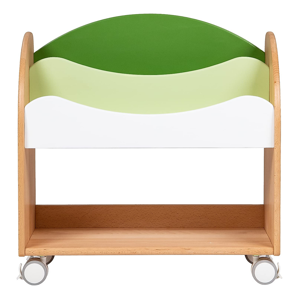 Flying Olly Kids Bookshelf, Solid German Beech Wooden Toddler Bookcase with Wheels, Children Books Display Shelf, Baby Books and Toys Storage Rack, Infant Book Cart for Bedroom, Playing Room - Green