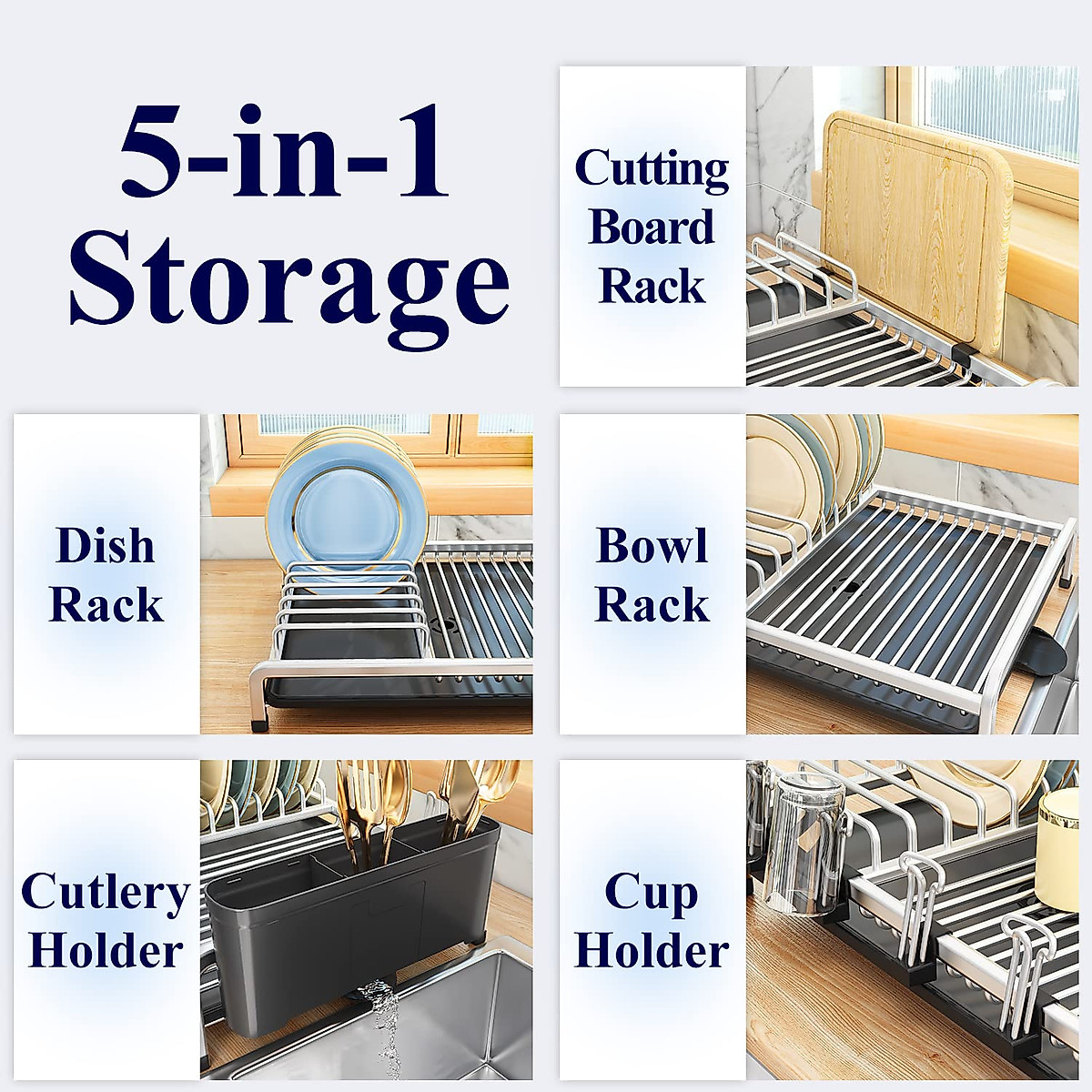 Aluminum Dish Drying Rack, Large Dish Rack and Drainboard Set, Utensil Holder, Multifunctional Anti-rust Dish Drainers for Kitchen Counter with Cup and Cutting Board Holder for Various Kitchenware