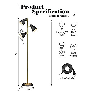 ELYONA Gold Tree Floor Lamp with 3 Adjustable Rotating Lights, Industrial Tall Pole Metal Standing Lights with 3 LED Bulbs for Living Room,Bedroom,Farmhouse,Office,Hotel, Vintage Brushed Brass & Black