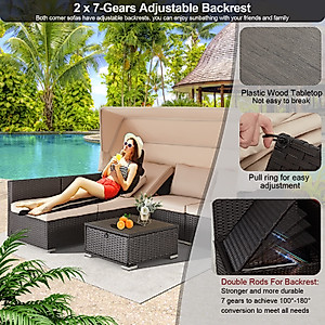 Vicluke 6 Pieces Patio Furniture Sets Outdoor Sectional Sofa Set Rattan Daybed with Retractable Canopy, Adjustable Backrest, Storable Tea Table Rectangle Sunbed for Backyard Garden Poolside(Khaki)