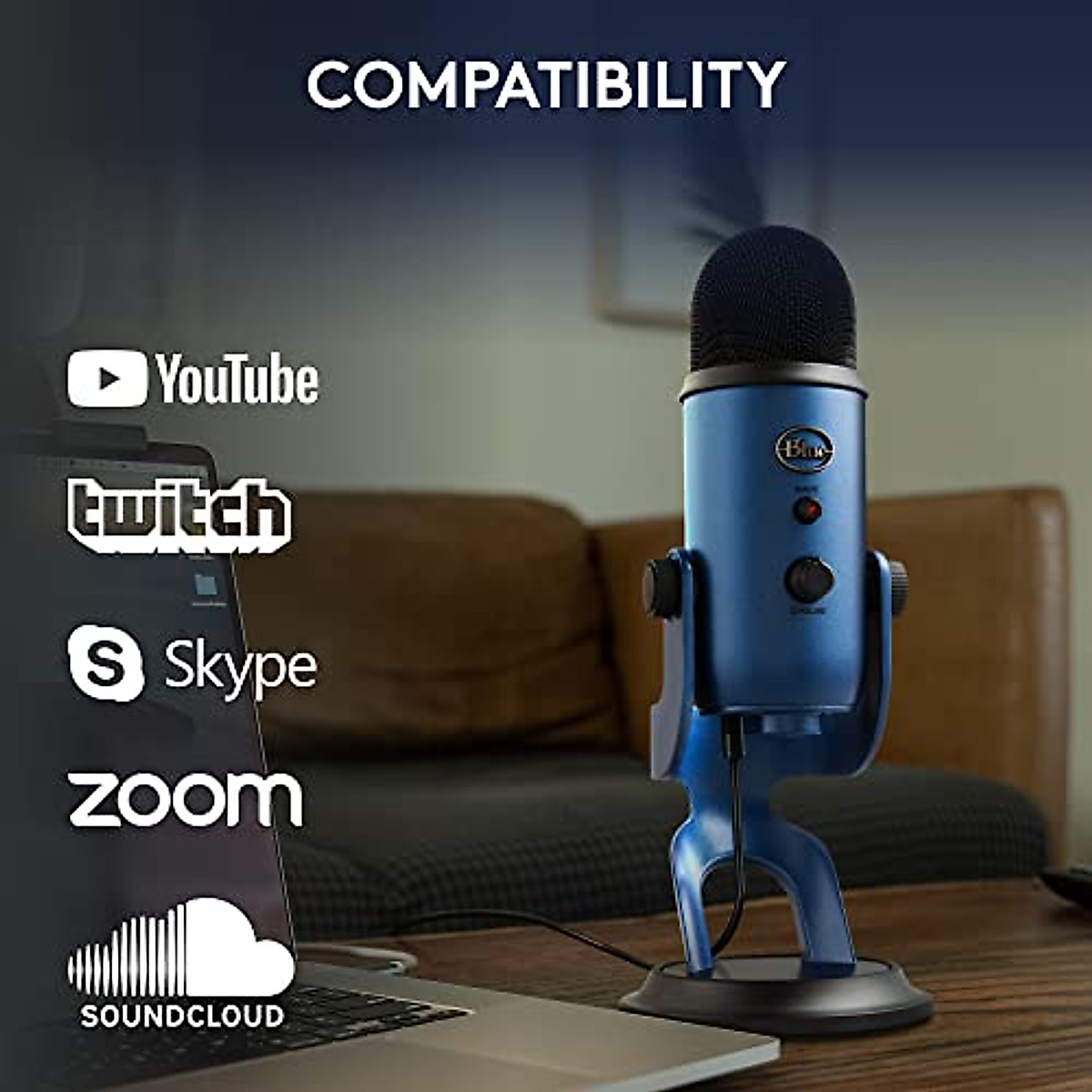 Logitech for Creators Blue Yeti USB Microphone for Gaming, Streaming, Podcasting, Twitch, YouTube, Discord, Recording for PC and Mac, 4 Polar Patterns, Studio Quality Sound, Plug & Play-Midnight Blue