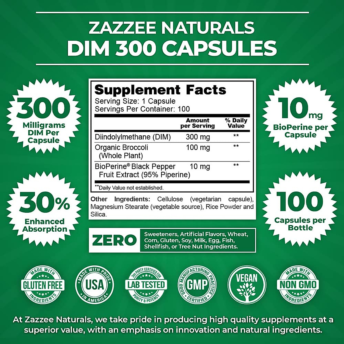 Zazzee Extra Strength DIM 300, 10 mg BioPerine and 300 mg DIM per Capsule, 100 Vegan Capsules, 3+ Month Supply, Plus Pure Organic Broccoli Extract, 100% Vegetarian, All-Natural and Non-GMO