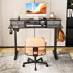 Sweetcrispy Height Adjustable Electric Standing Desk with Storage Shelf Double Drawer, 40 x 24 Inch Stand up Desk, Sit Stand Desk with Splice Board