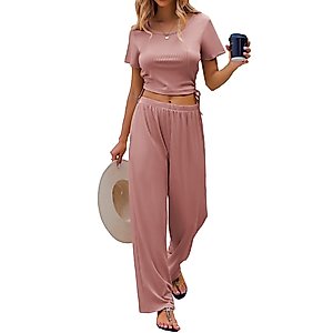 Ekouaer Women's Two Piece Lounge Set Ribbed Knit Crop Top Loose Wide Leg Pant Set Casual Outfits Sweatsuit Pink,M