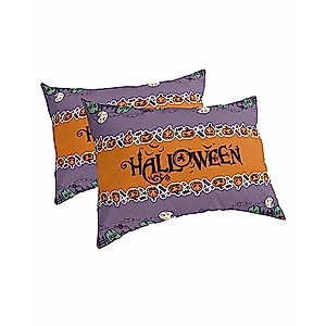 Edwiinsa Halloween Pillow Covers Standard Size Set of 2 Bed Pillow, Fall Pumpkin Black Bats Tombstone Purple Plush Soft Comfort for Hair/Skin Cooling Pillowcases with Envelop Closure 20''x26''