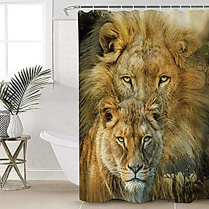 BULING 4Pcs Shower Curtain Set with Rugs,Mighty Lion Father and Son Shower Curtain with 9 Hooks, Bath Mat, Toilet Lid Rug and Non-Slip U Shape Mat Accessories
