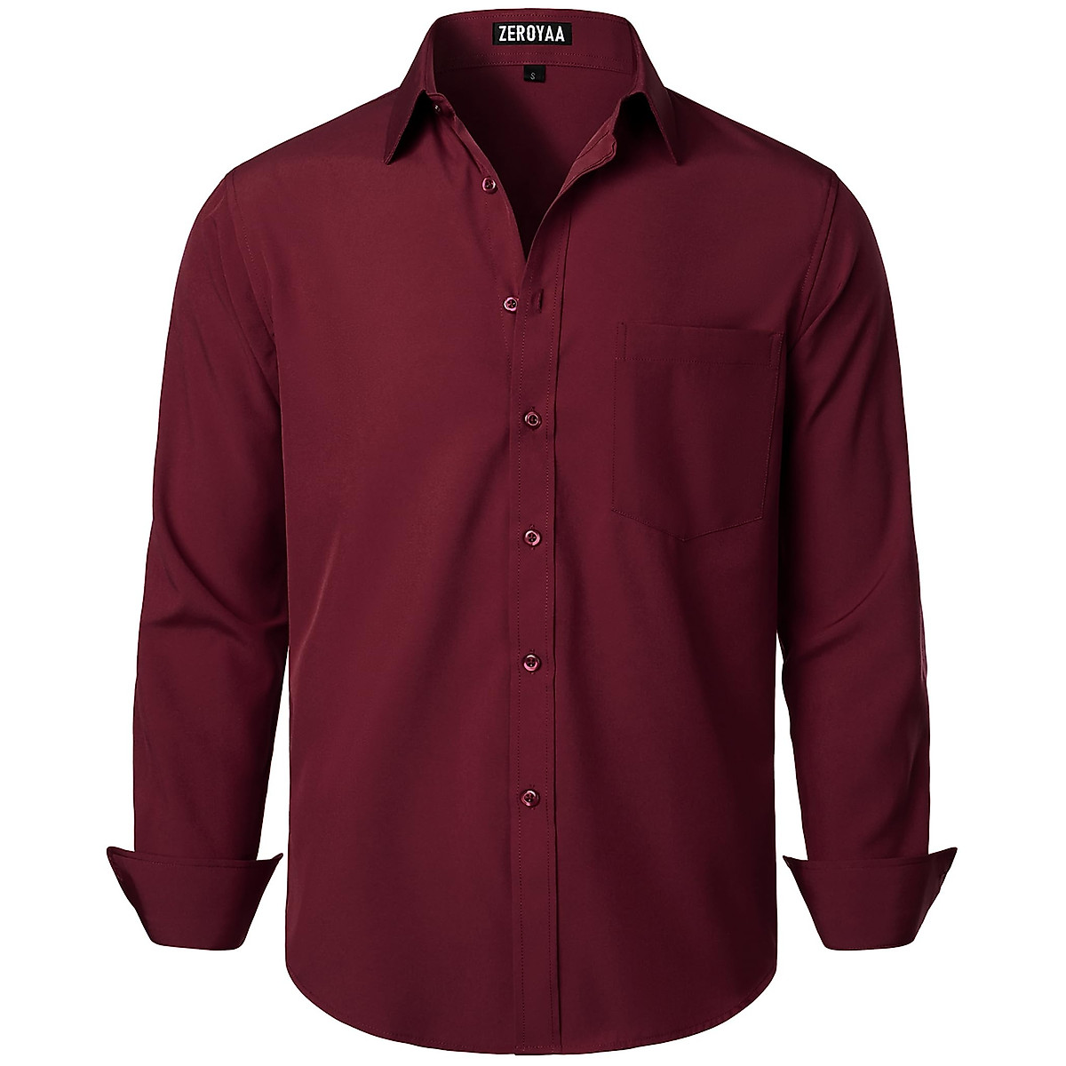 ZEROYAA Men's Regular Fit Dress Shirt Solid Wrinkle-Free Long Sleeve Casual Business Button Up Shirts with Pocket ZSSCL05-Maroon Small