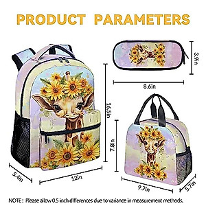Homexzdiy Giraffe Backpack with Lunch Box Set for Girls Boys, 3 in 1 School Backpacks Matching Combo, Cute Yellow Bookbag and Pencil Case Bundle