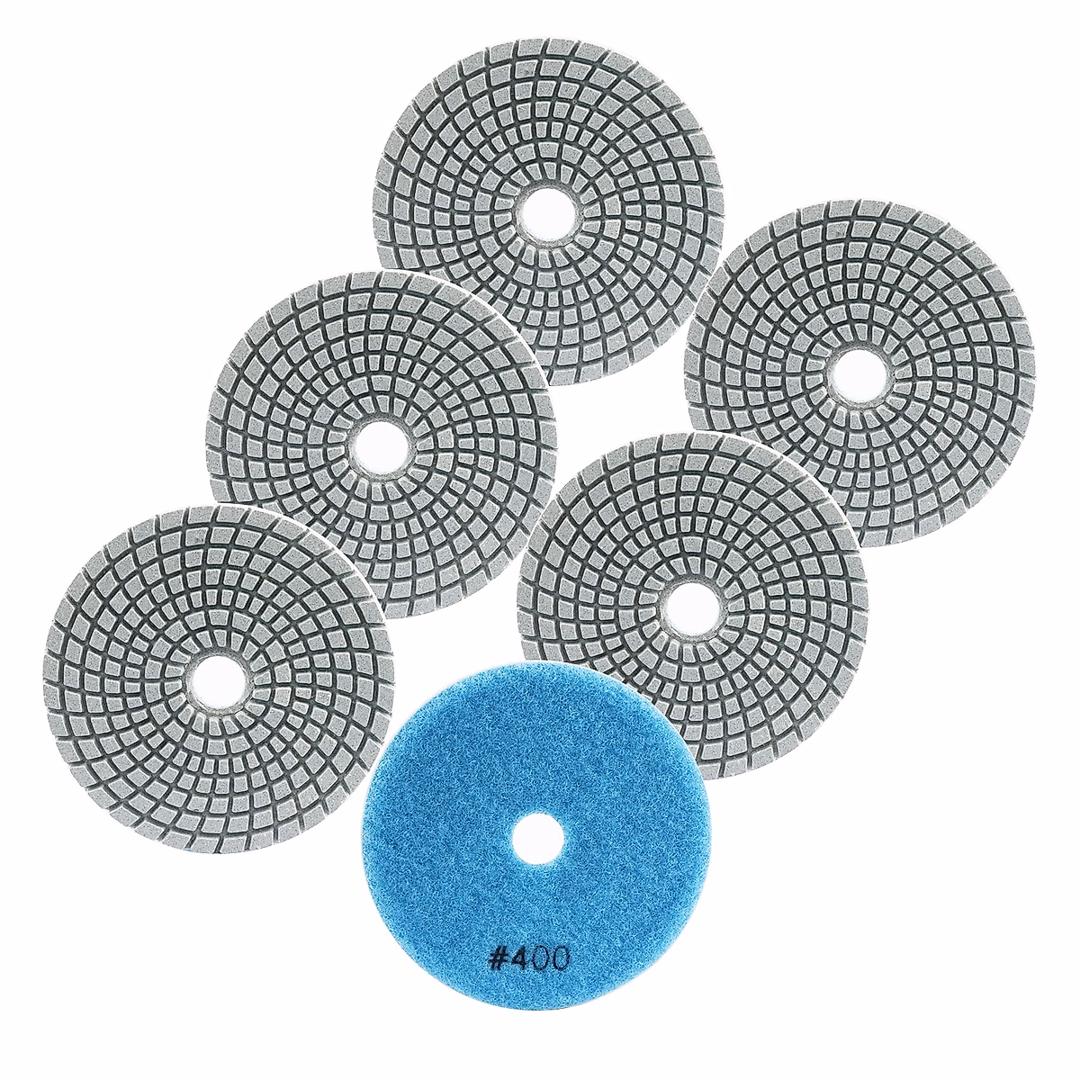 FOCSTOL Diamond Wet Polishing Pads - 4''(100mm) Grit 400 Polishing Kit for Granite Marble Artificial Stone Quartz for Angle Grinder 6pcs
