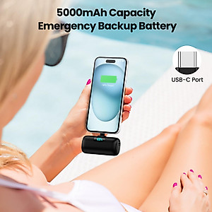 Mini Portable Charger USB C Power Bank, Upgraded 5000mAh PD Fast Charging Battery Pack Built-in USB-C Connector,LCD Display,Compatible with iPhone 15,15 Plus,15 Pro/Max ,iPad Pro/Air,Android Phone etc