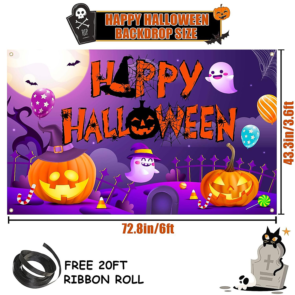 Large Happy Halloween Banner Backdrop 72x44 Inch, Spooky Pumpkin Happy Halloween Banner for Purple Halloween Party Decorations, Halloween Pumpkin Banner Photo Booth Background