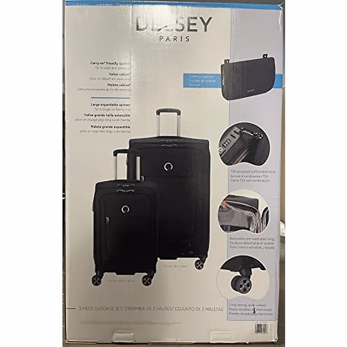 DELSEY Paris Softside Expandable Luggage with Spinner Wheels, Black. Large and Carry-On.