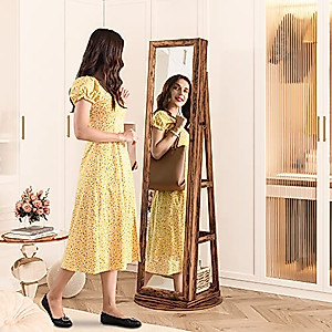 Lvifur 360° Rotating Jewelry Armoire 6 LEDS, Full Length Mirror Large Capacity Jewelry Organizer Armoire, Lockable Floor Standing Mirror for Bedroom, Cloakroom