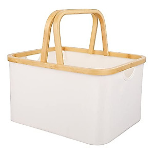 ANMINY Large Storage Basket with Natural Bamboo Handles Canvas Fabric Picnic Laundry Bin Water-Repellent Rectangular Closet Cabinet Shelf Box Foldable Decorative Nursery Clothes Toys Organizer - Beige