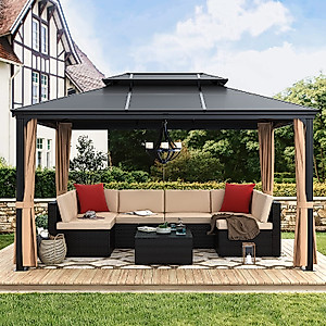 Greesum 10'x13' Hardtop Polycarbonate Gazebo, Outdoor Steel Double Roof Canopy, Aluminum Frame Permanent Pavilion with Netting and Curtains for Patio, Backyard, Deck and Lawns
