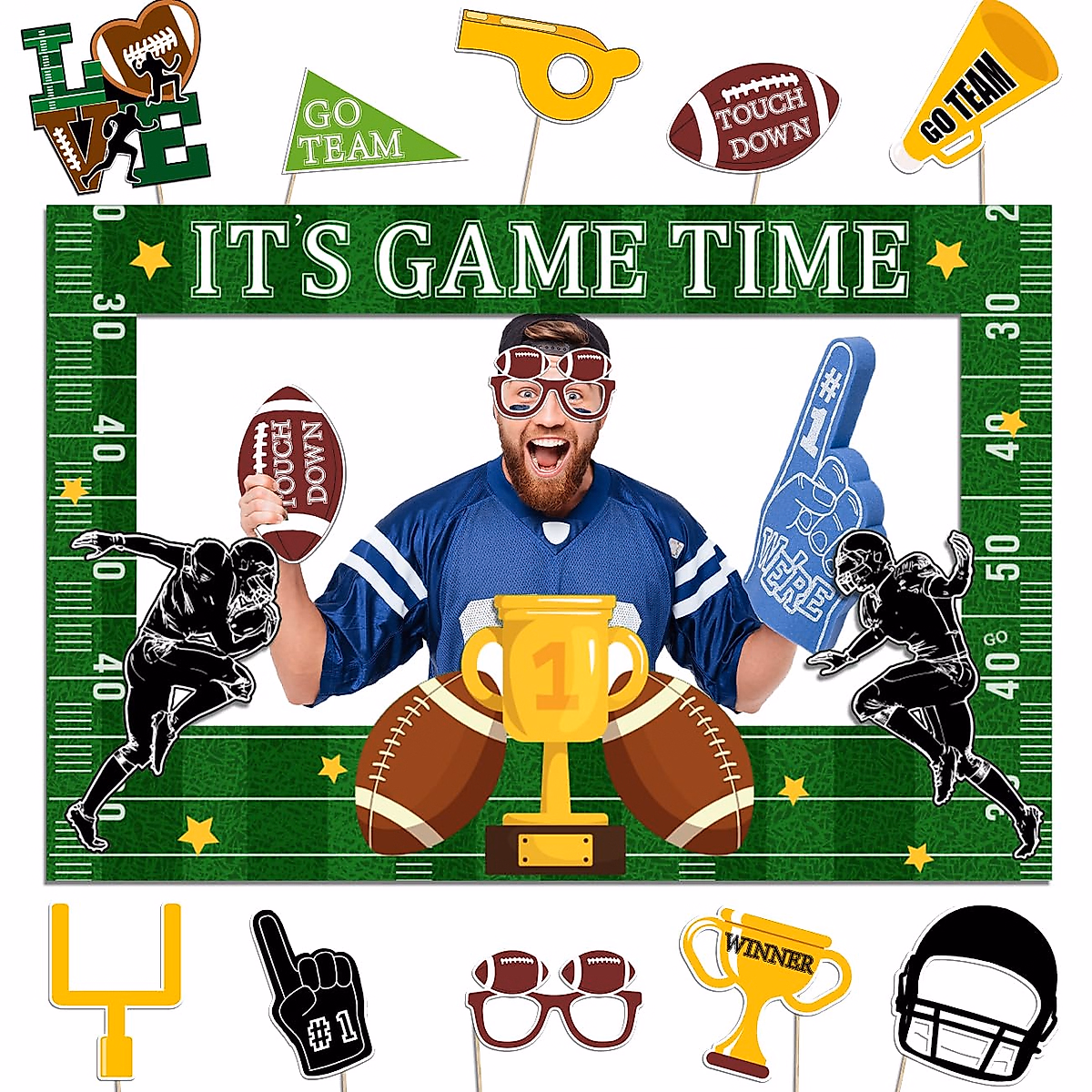 Football Photo Booth Props, Super Bowl Game Day Decorations Football Touchdown It's Game TIME Selfie Props with Photo Frame for Sport Football Superbowl Theme Party Favors Supplies