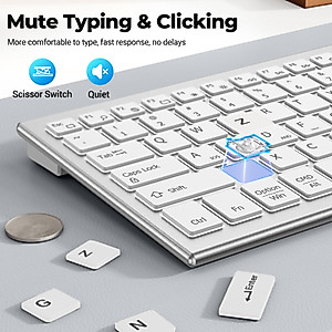 FENISIO Wireless Keyboard Mouse, Ultra Slim Bluetooth 2.4G Slient Wireless Keyboard and Mouse Combo with Backlit, Multi-Device USB Rechargeable Keyboard Mouse for Laptop PC Windows Desk (Silver White)