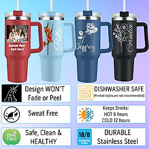 Personalized Tumbler with Handle Straw Custom Insulated Tumblers with Name Birth Flowers Customized 40 oz Stainless Steel Travel Cup Gifts for Women Men Birthdays Christmas Anniversary