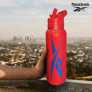 Reebok Stainless Steel Water Bottle With Straw Cap & Athletic Design - Insulated Water Bottles 32 oz - Double Wall Vacuum Insulated Sports Water Bottle With Straw, BPA Free (Red with Blue Vector)
