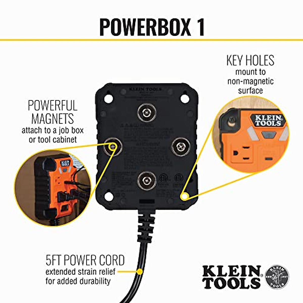 Klein Tools 29601 Magnetic Power Strip with Surge Protector, Extension Cord, 4 Outlets, 3 USB Ports, 5-Foot Cord, Power Supply Box with Light, PowerBox 1, Heavy Duty
