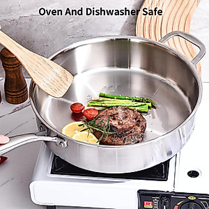 DELARLO Tri-Ply Stainless Steel Saute Pan With Lid 5.5QT,12.3Inch Deep Frying pan,Induction Large Skillet,Jumbo Cooker,Efficent Fast Even Heating Cooking Pan Dishwasher and Oven Safe