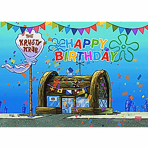 QHY Cartoon Animation Spongebob Theme Photography Backdrop Children Happy 1st Birthday Party decors Banner The Krusty Krab Photo Background Vinyl Baby Shower Booth Studio Props 8x6FT