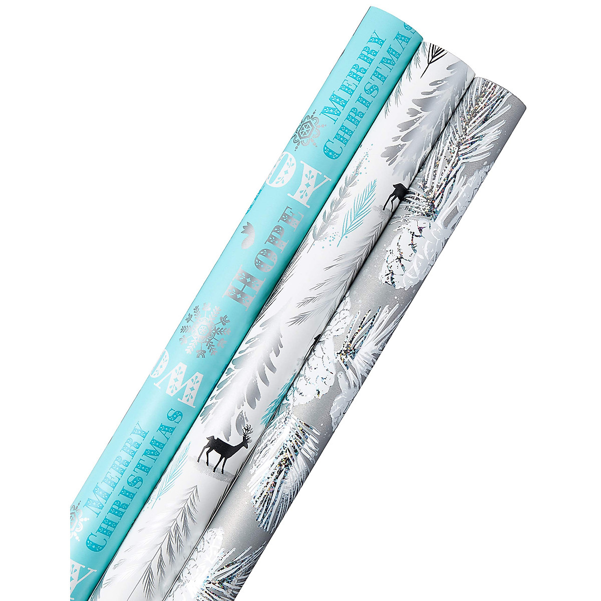 Hallmark Christmas Wrapping Paper Bundle with Cutlines on Reverse (3 Rolls: 80 sq. ft. ttl) Teal and Silver, Elegant Woodland with Deer, Holographic Pinecones